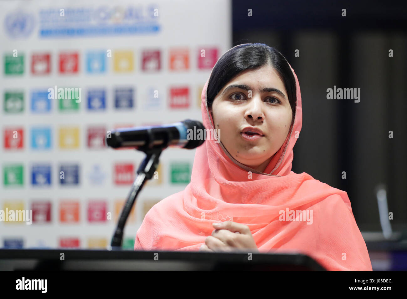 United Nations. 10th Apr, 2017. Malala Yousafzai delivers a speech ...