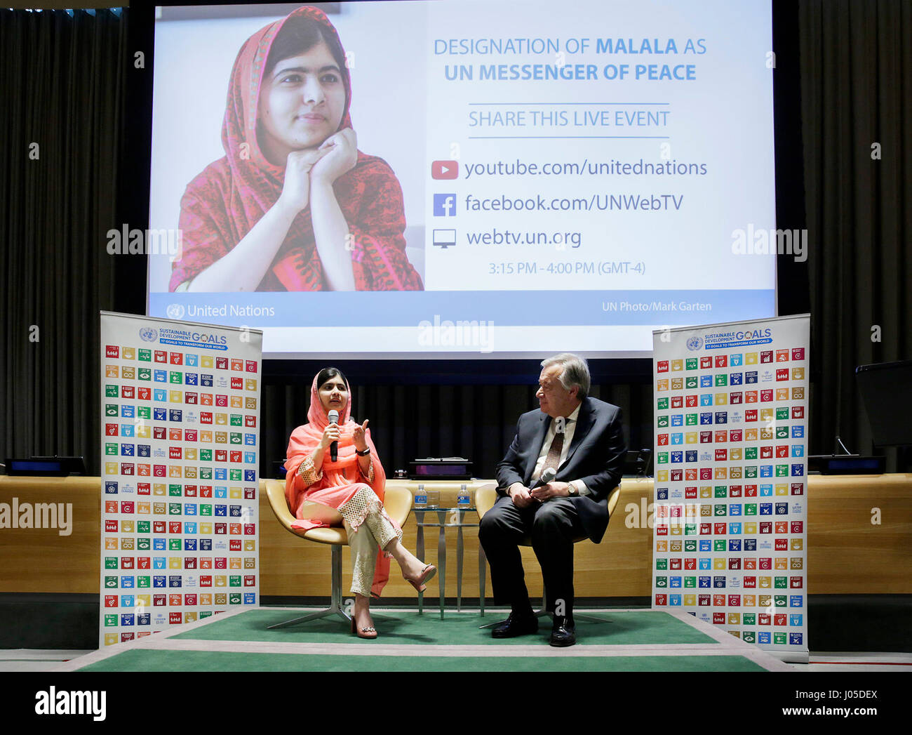 United Nations. 10th Apr, 2017. Malala Yousafzai (L) answers questions ...
