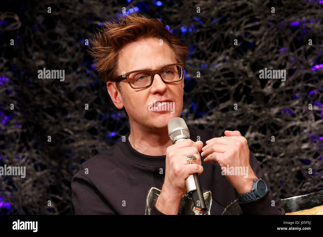 Tokyo, Japan. 11th April, 2017. Director James Gunn speaks during a ...