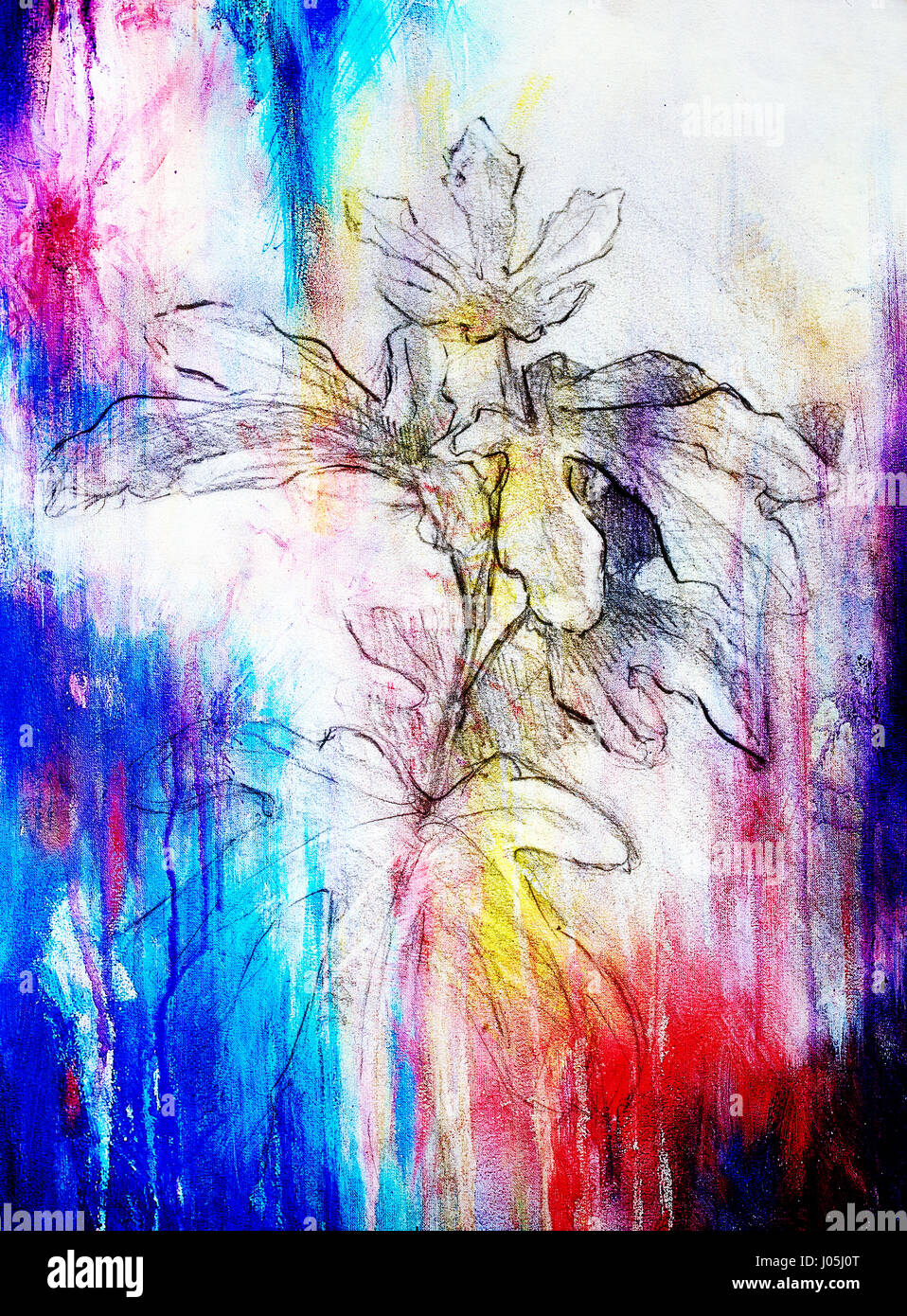 Pencil drawing on old paper, fig trees and color spots on background ...