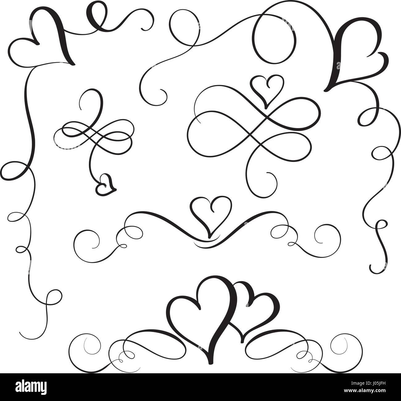 set of flourish calligraphy vintage hearts. Illustration vector hand ...