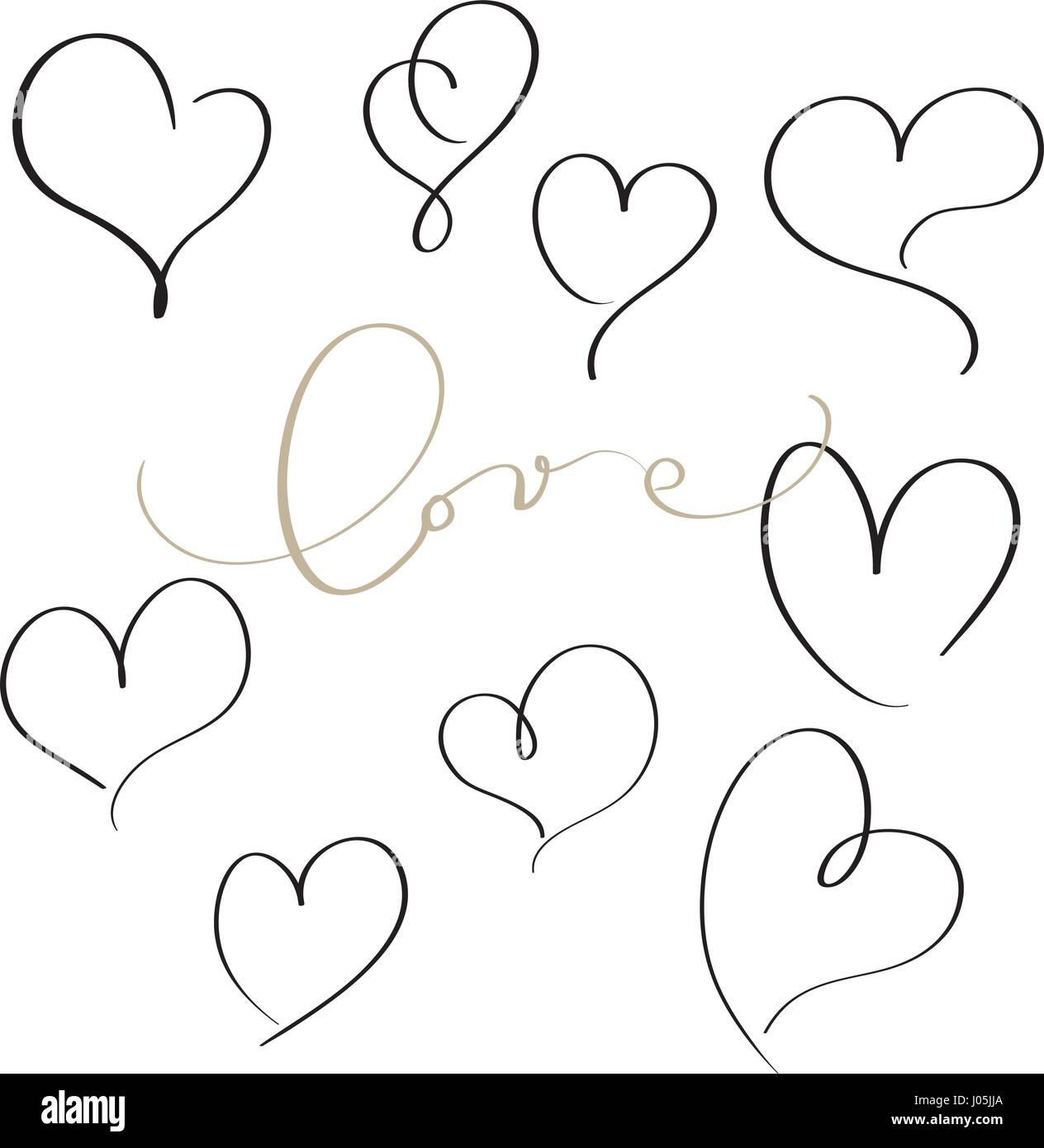 set of flourish calligraphy vintage hearts. Illustration vector hand ...
