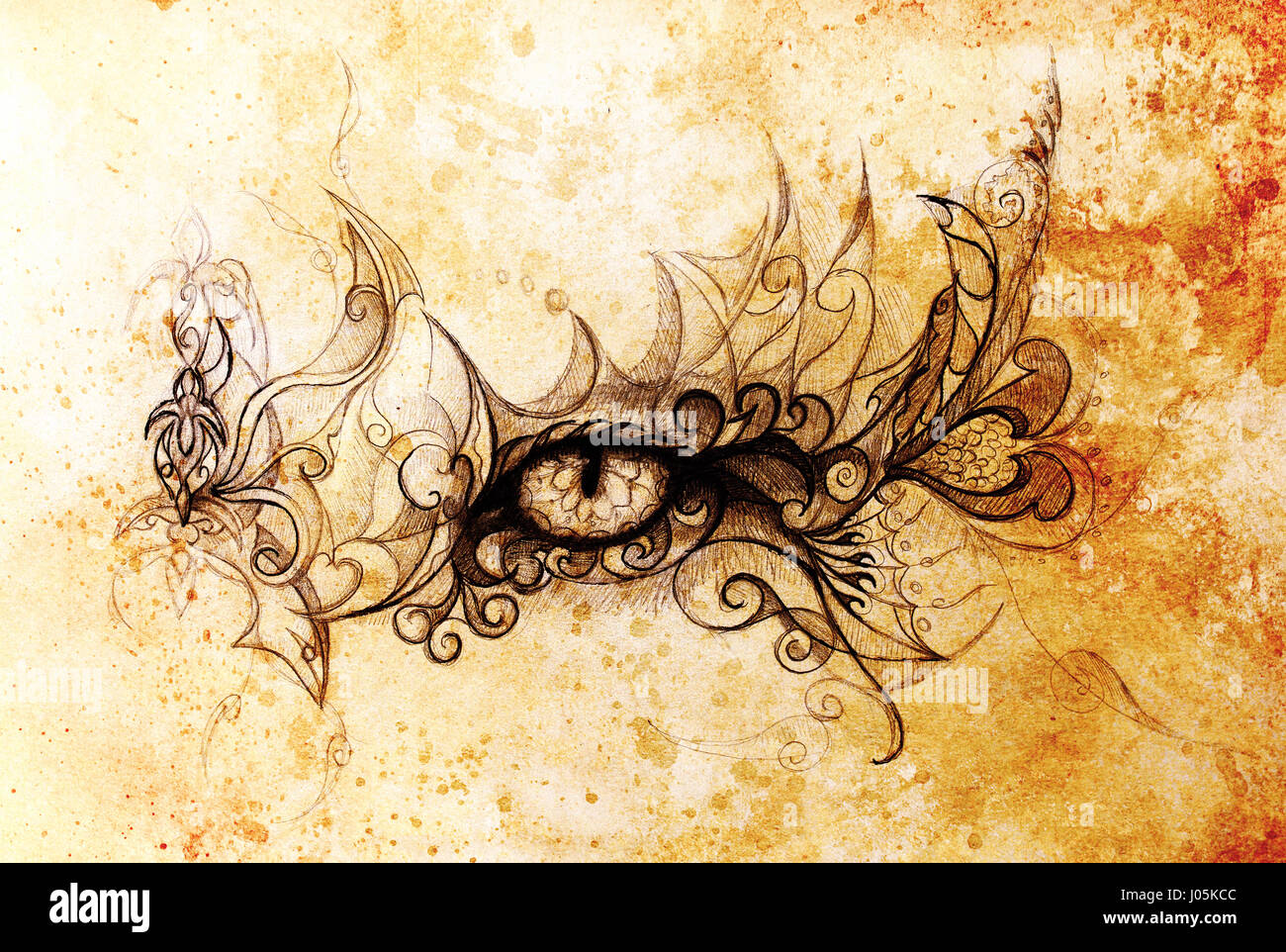 Mystic eye and beautiful ornamental. Drawing on old paper, original ...