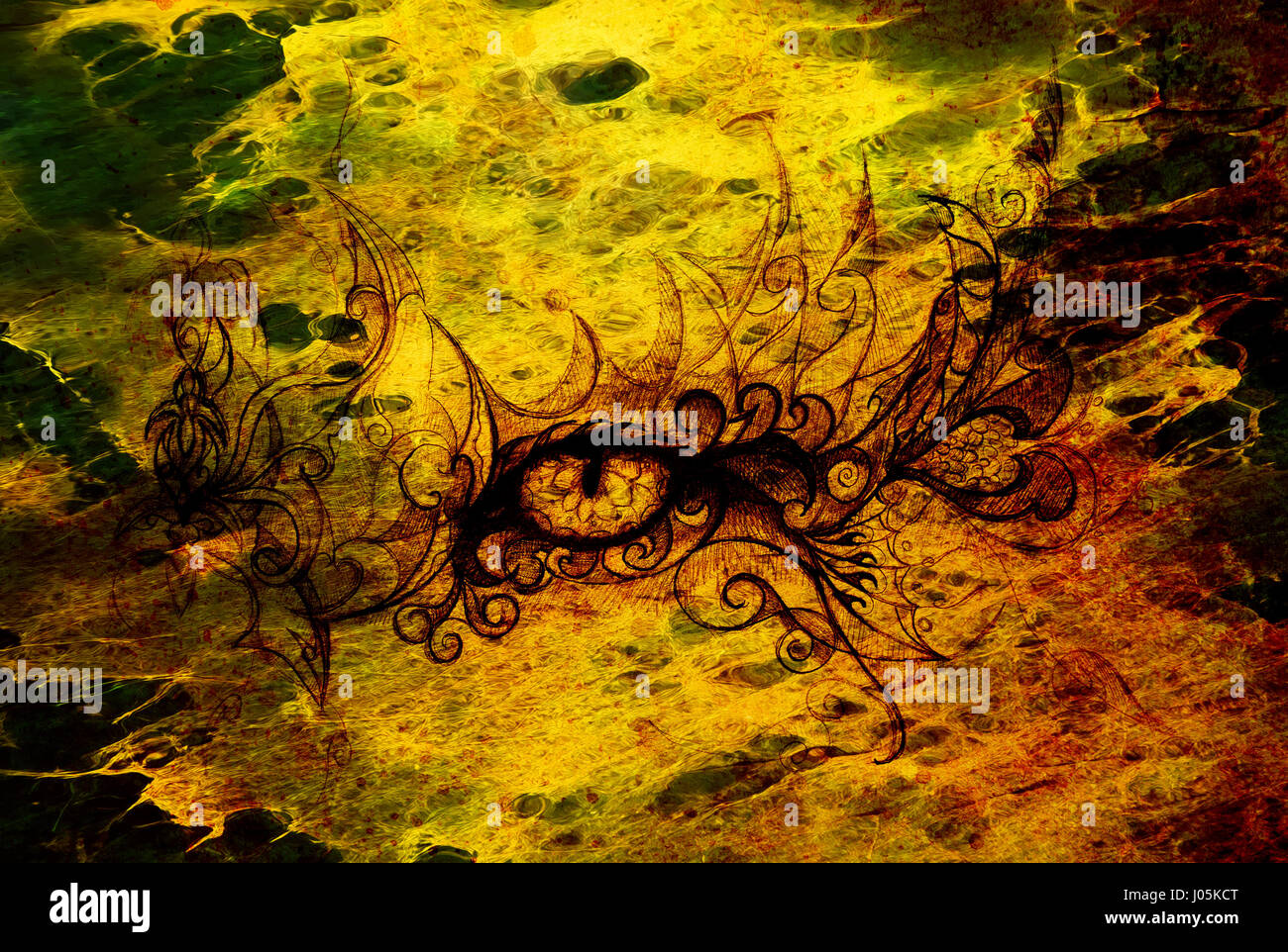 Mystic eye and beautiful ornamental. Drawing on old paper, original ...