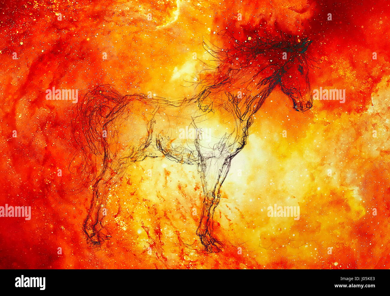 horse in cosmic space. original hand draw. Fire effect Stock Photo - Alamy