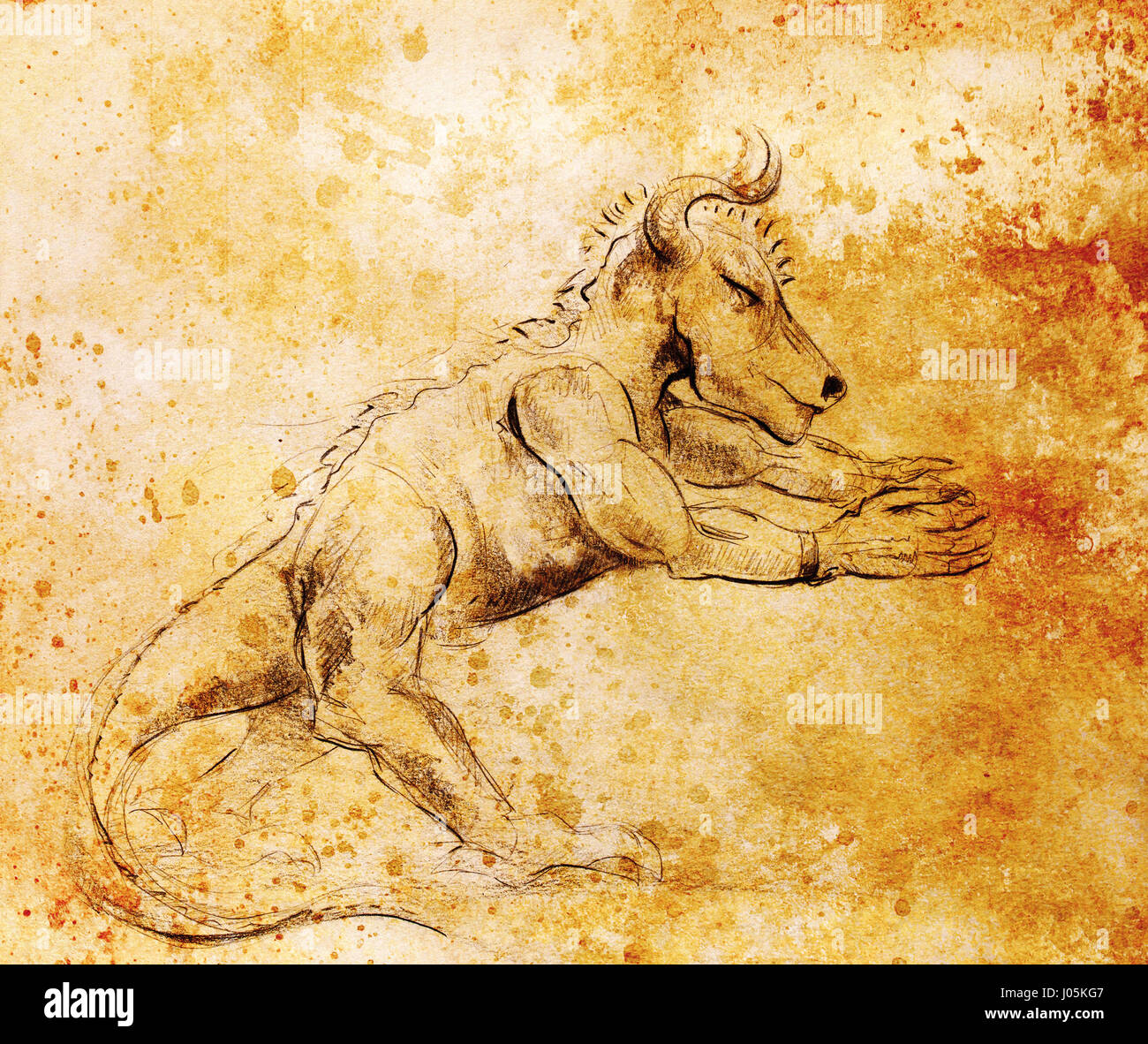 Drawing monster on old paper, original hand draw. Color effect Stock ...