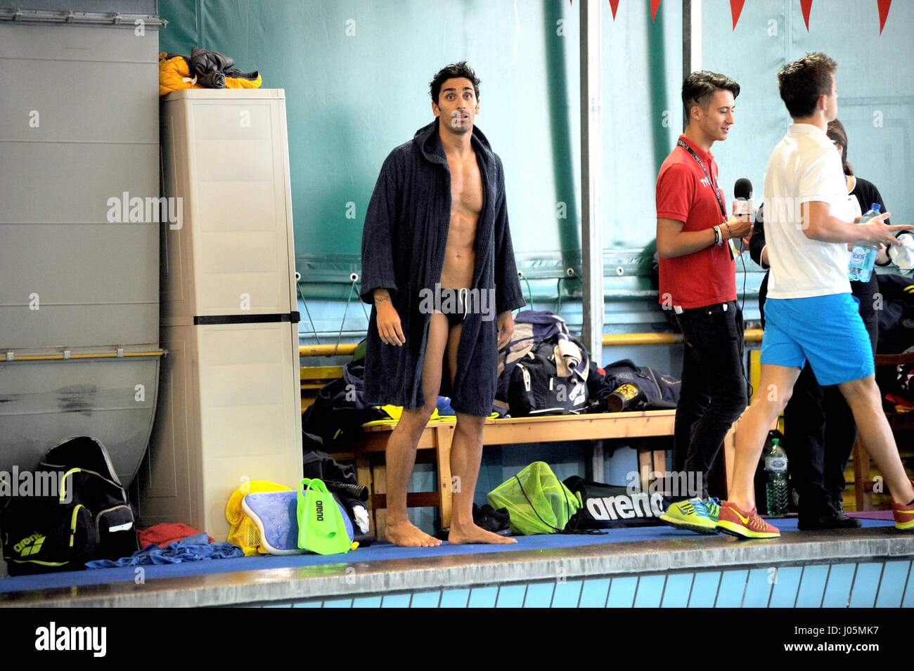 Italian swimmer Filippo Magnini changing costumes during a training ...
