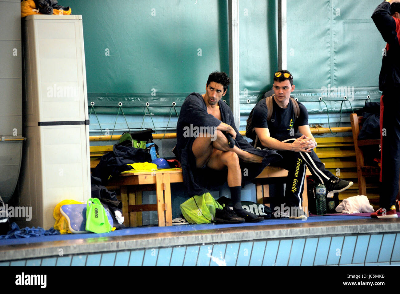 Italian swimmer Filippo Magnini changing costumes during a training ...