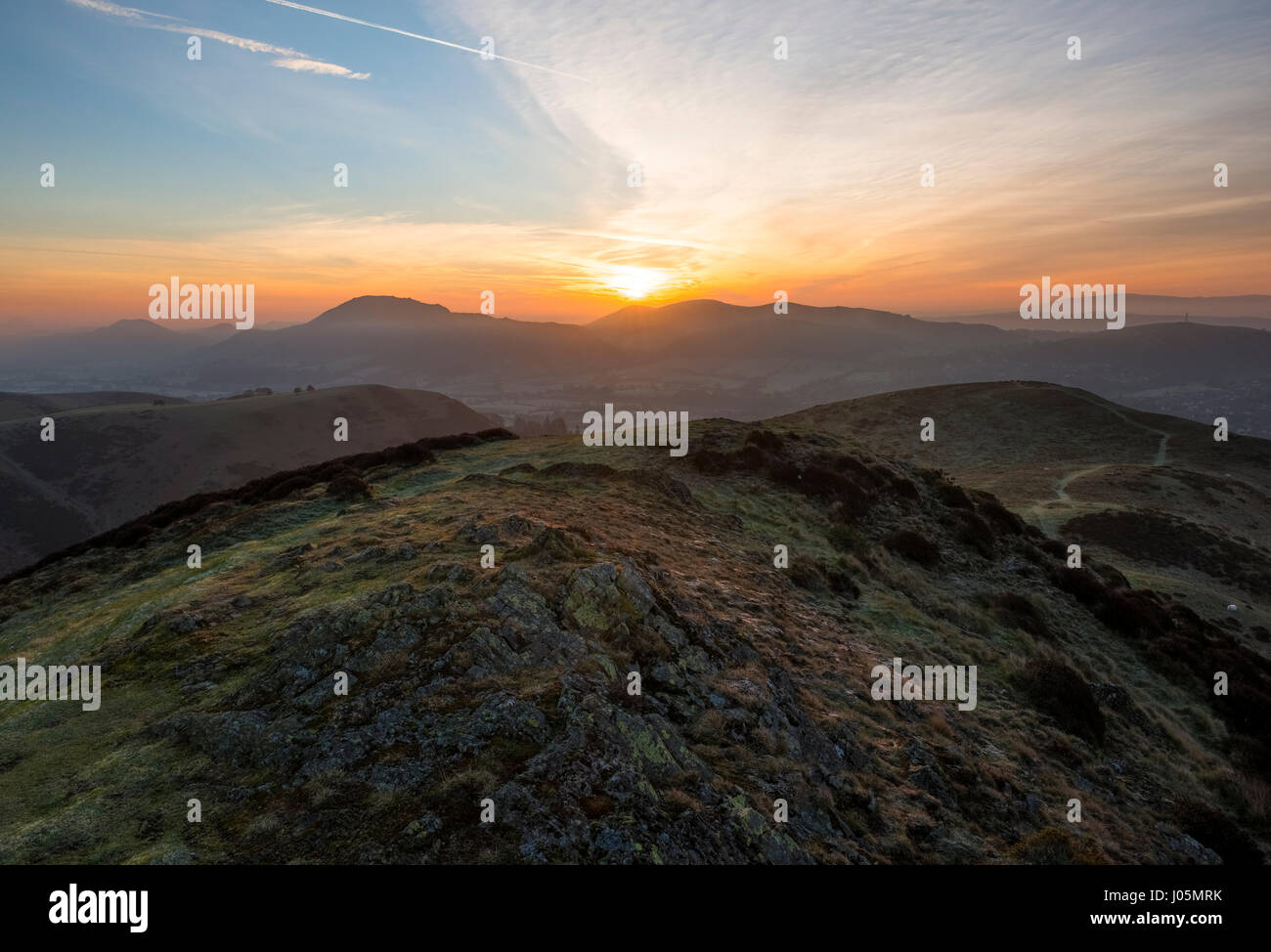 Sunrise over the Stretton Hills, Shropshire, seen from the Long Mynd ...
