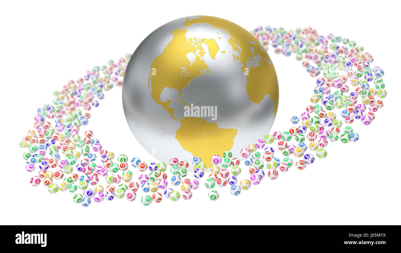 3d illustration of lottery balls and world. bearth surrounded with ...