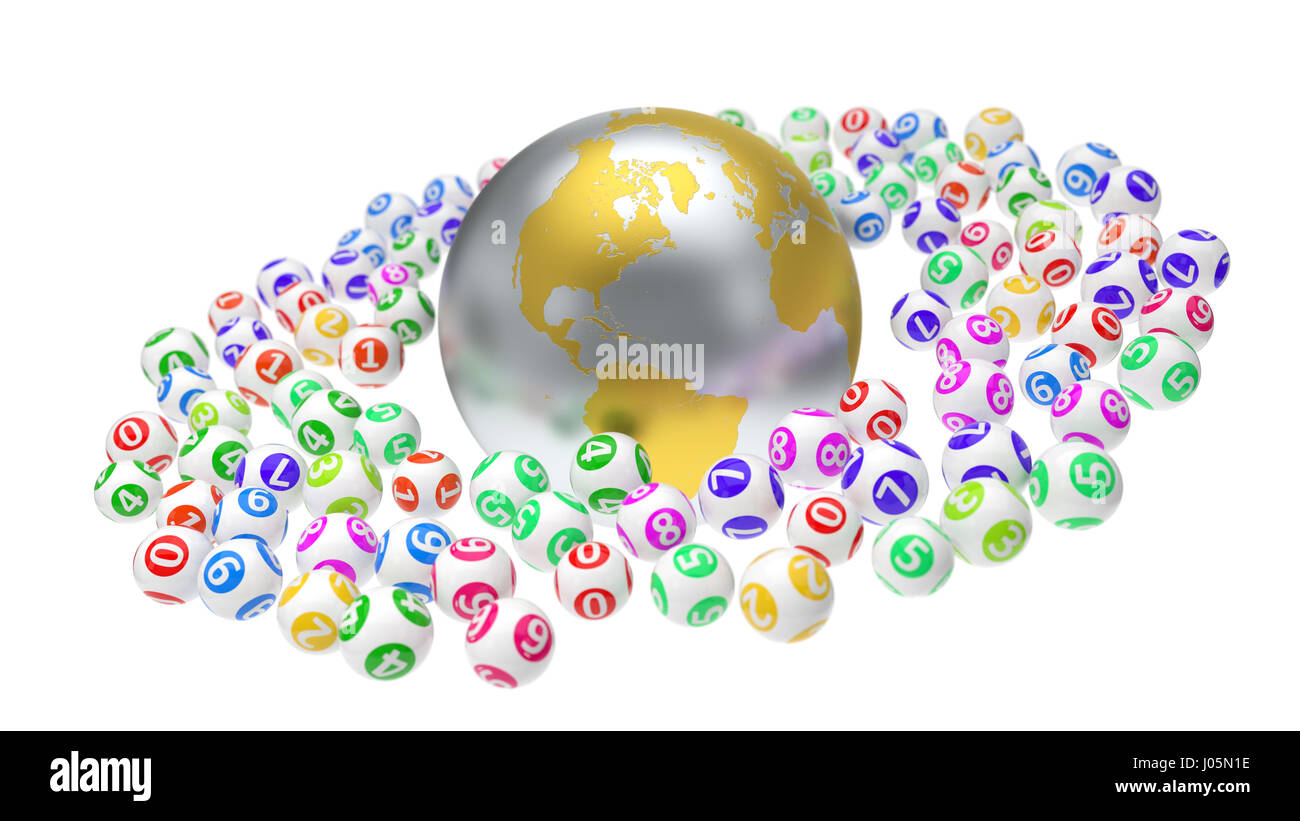 3d illustration of lottery balls and world. bearth surrounded with ...