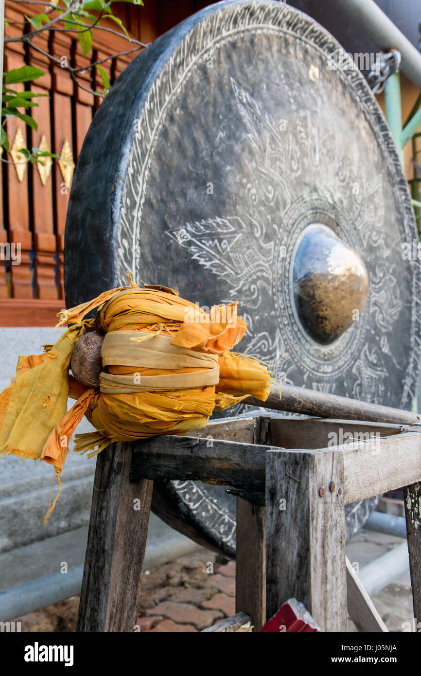 Large decorated gong with a mallet in a Buddhist monastery Stock Photo ...
