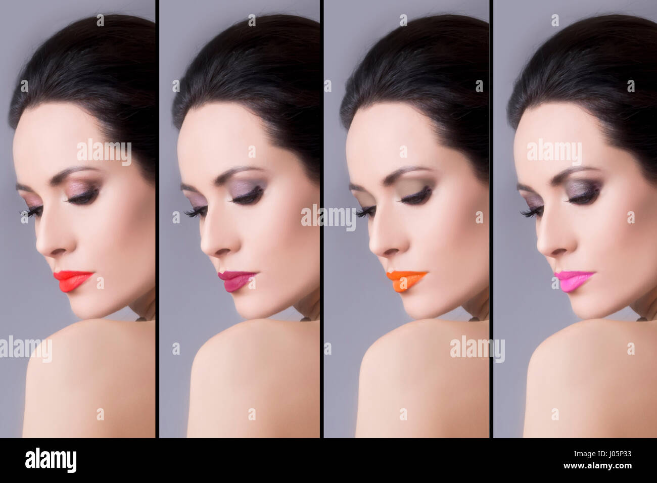 Four different make up applies on the same model divided with black ...