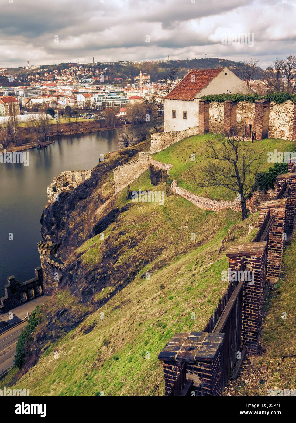 The ruin of Libuse's Baths on Vysehrad cliffs, abive Vltava river ...