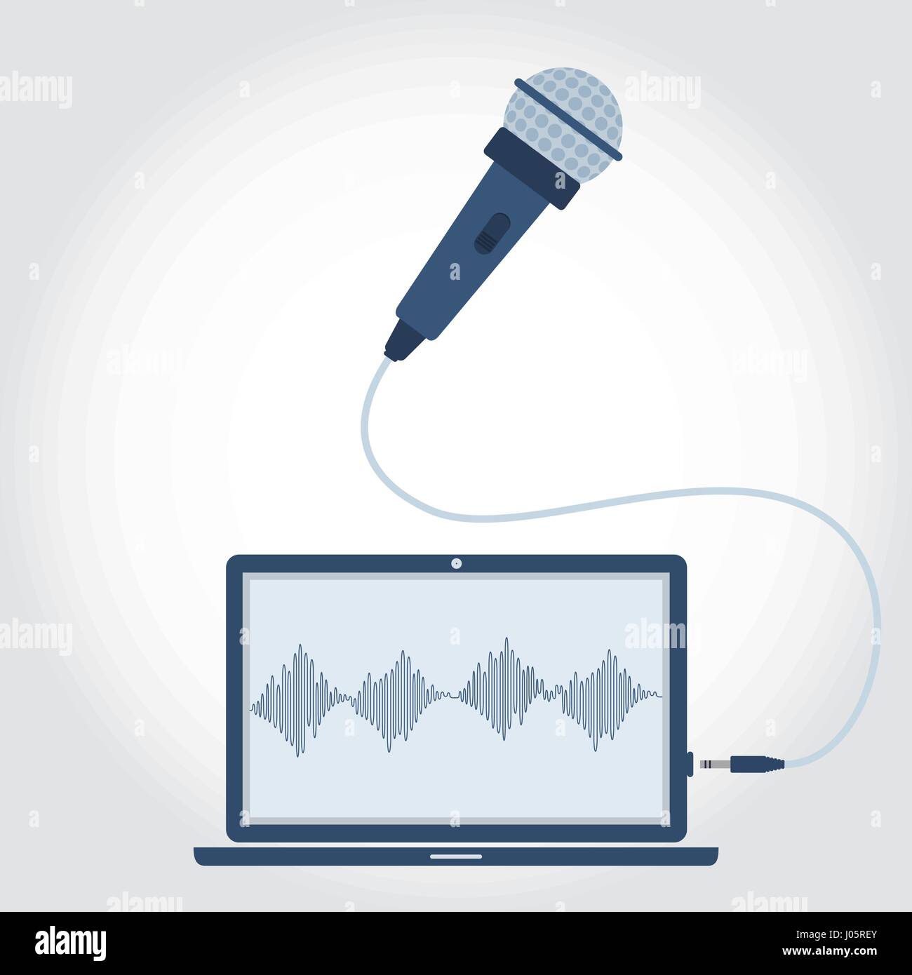 Laptop with microphone unplugged. Sound wave symbol showing on monitor ...