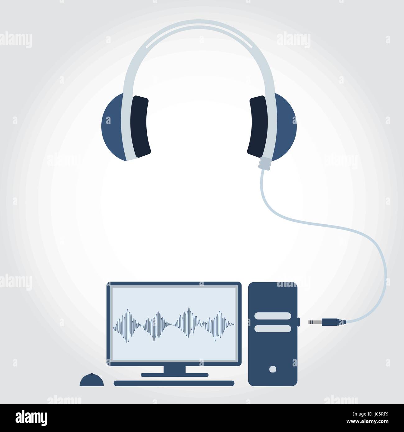 PC with headphone unplugged. Sound wave symbol showing on monitor. Flat ...