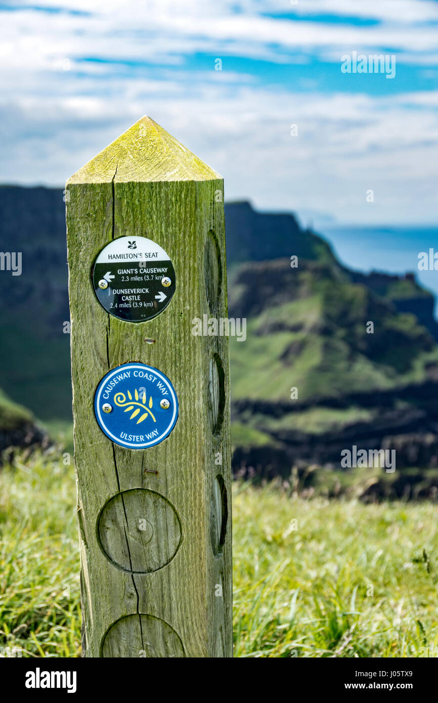 Causeway Coast Way and Ulster Way footpath sign near Benbane Head, on ...