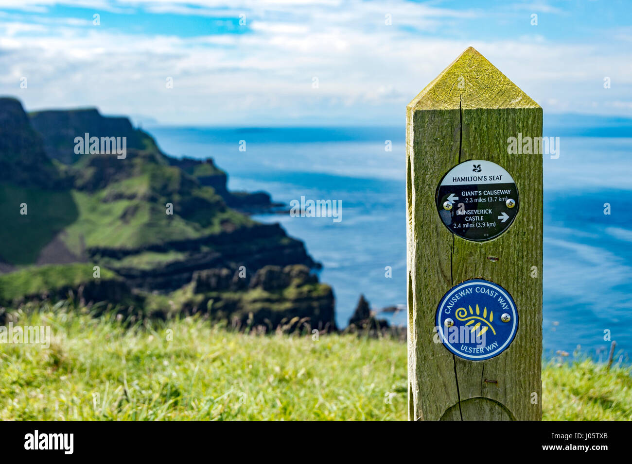 Causeway Coast Way and Ulster Way footpath sign near Benbane Head, on ...