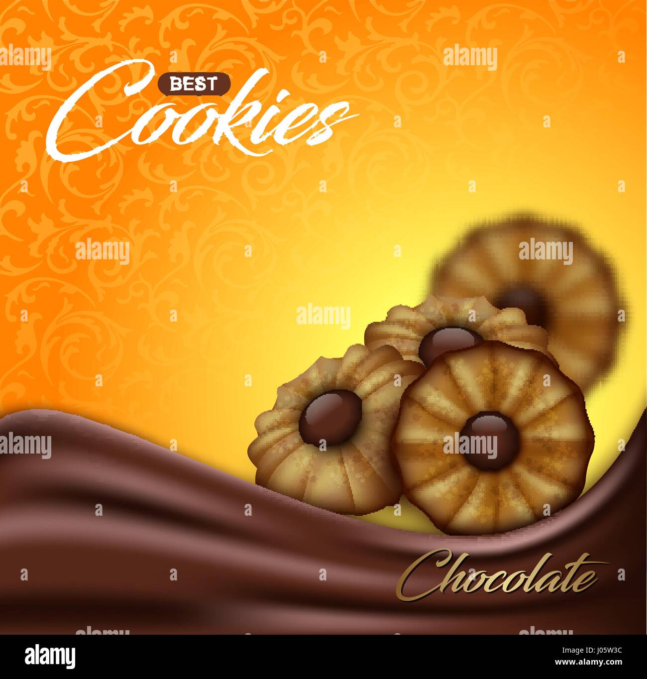 Buttery cookies with chocolate on floral pattern backdrop. Label ...
