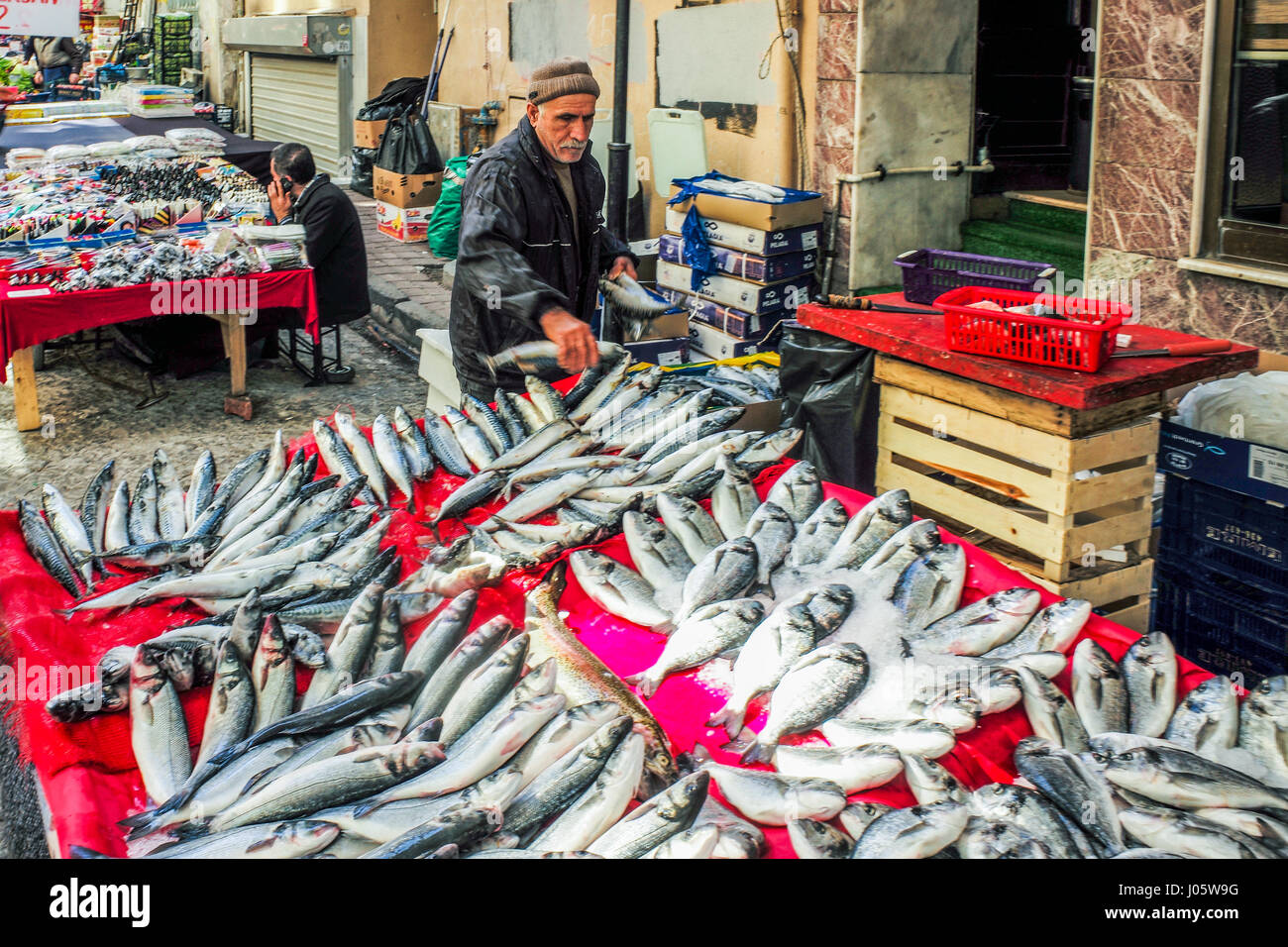 Vendor displaying fresh fish at fish market near the waterfront in old ...