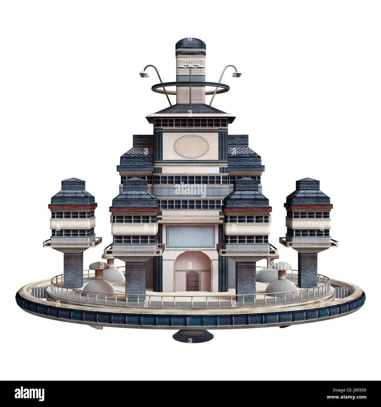 3D rendering of a science fiction flying village isolated on white ...