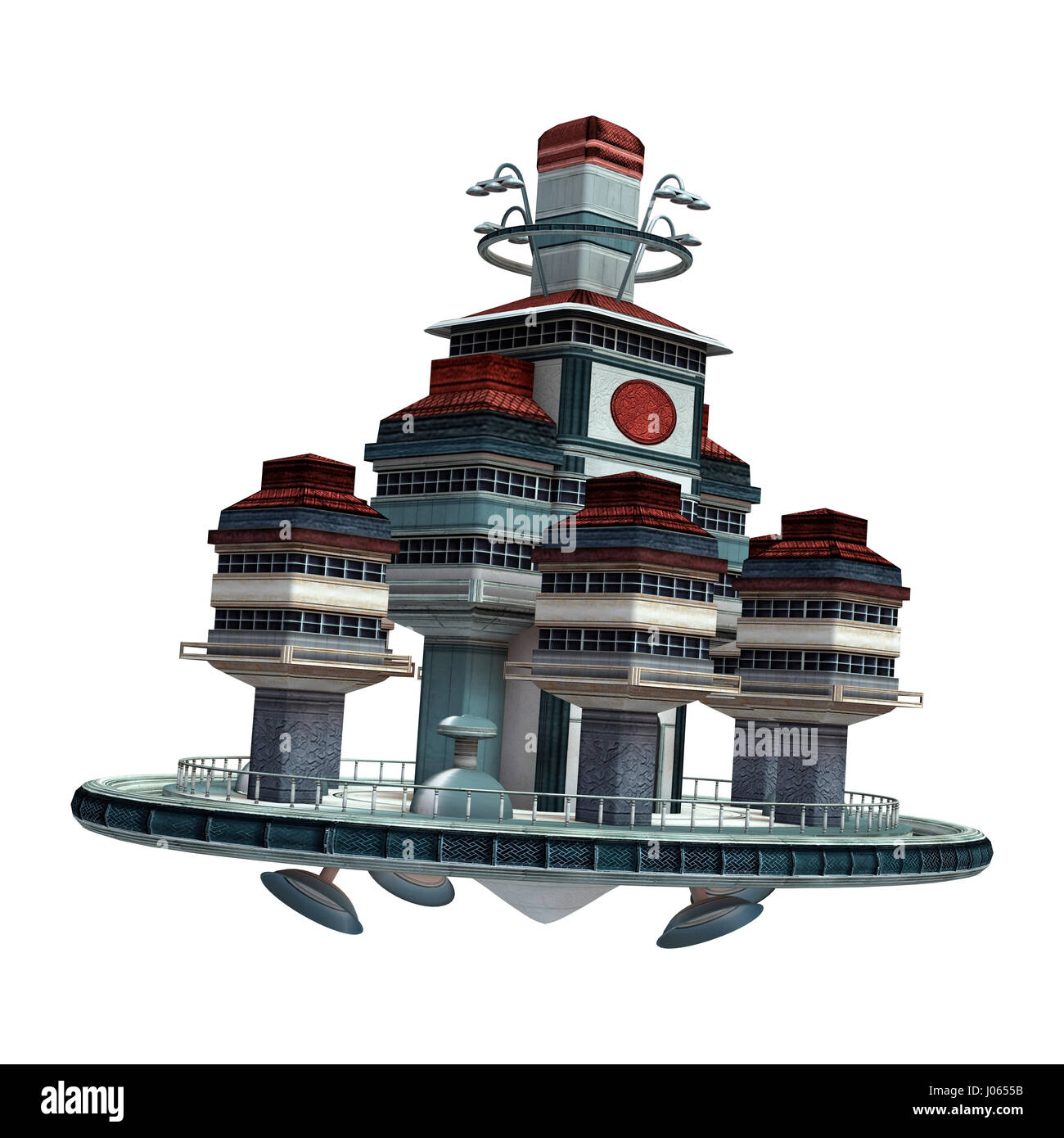 3D rendering of a science fiction flying village isolated on white ...