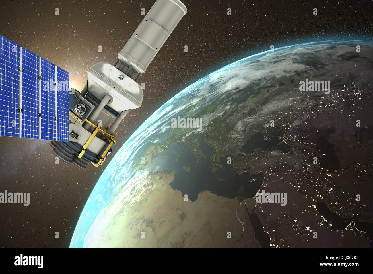3d image of modern solar power satellite against aerial view of the ...