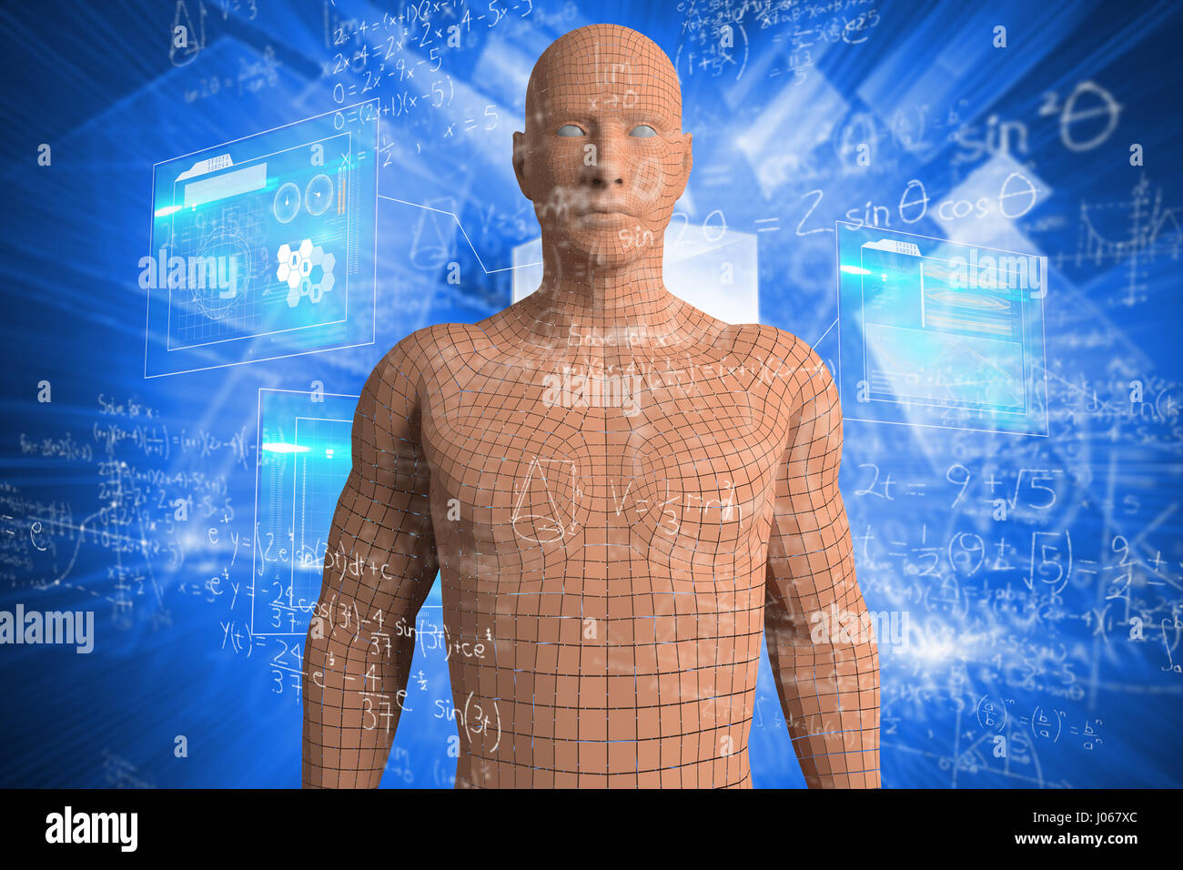 Maths on black background against composite image of technology ...
