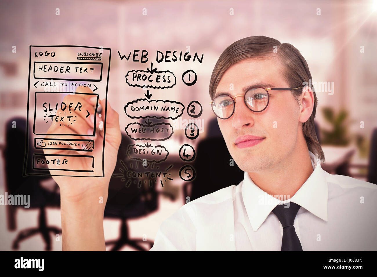 Geeky businessman writing with pen against computer graphic image of ...