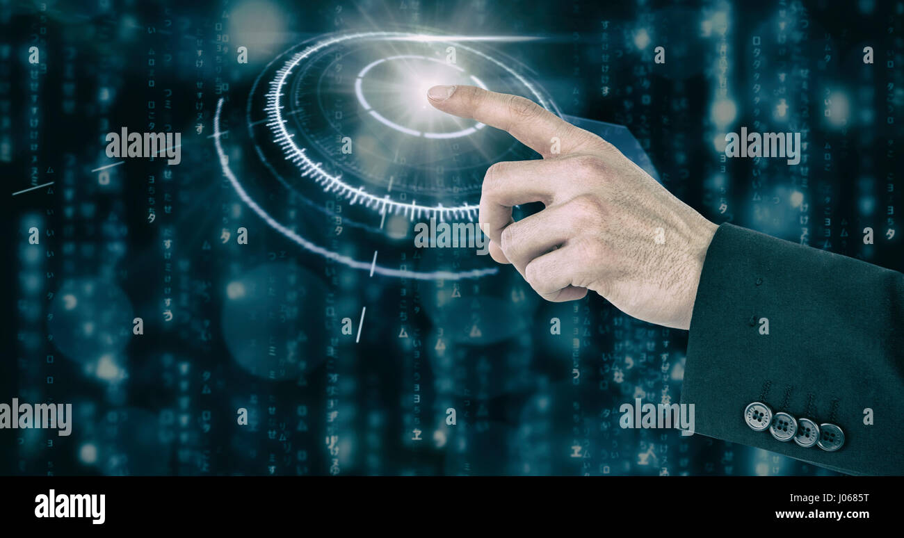 Businessman hand gesturing against digital interface of volume dial ...