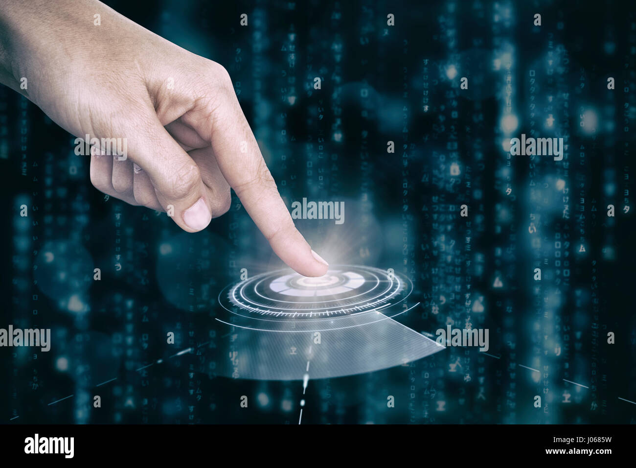 Hand pointing on white background against interface of volume dial ...