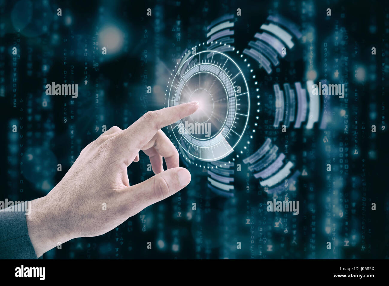 Cropped hand of businessman touching digital screen against digital ...