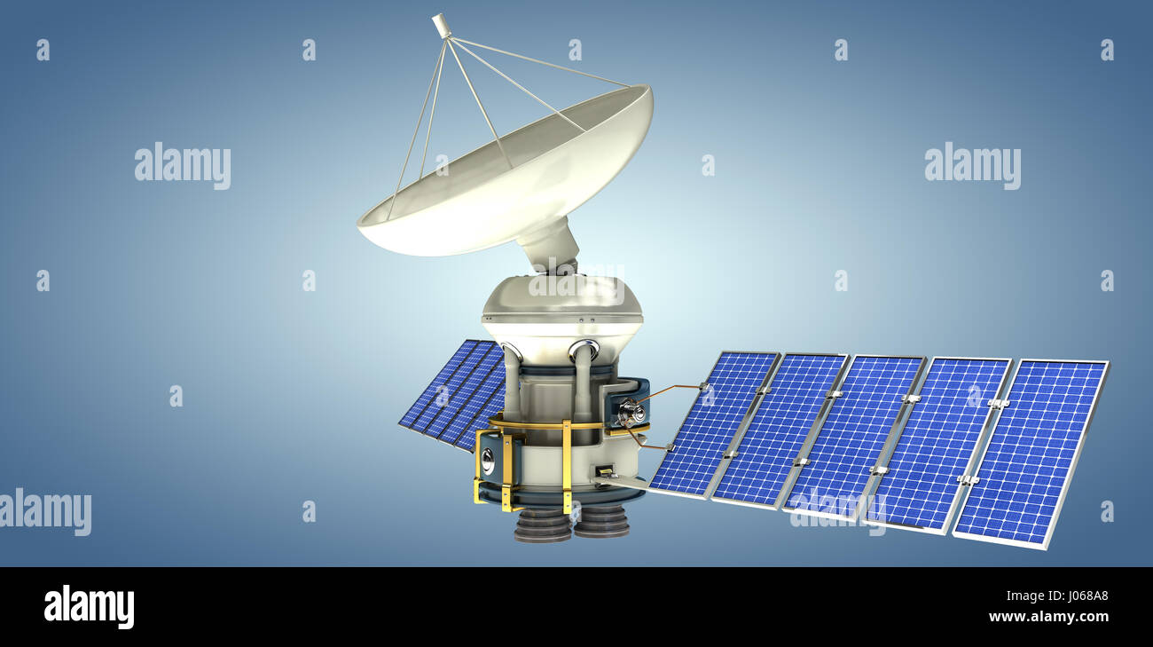 3d image of solar powered satellite against purple vignette Stock Photo ...