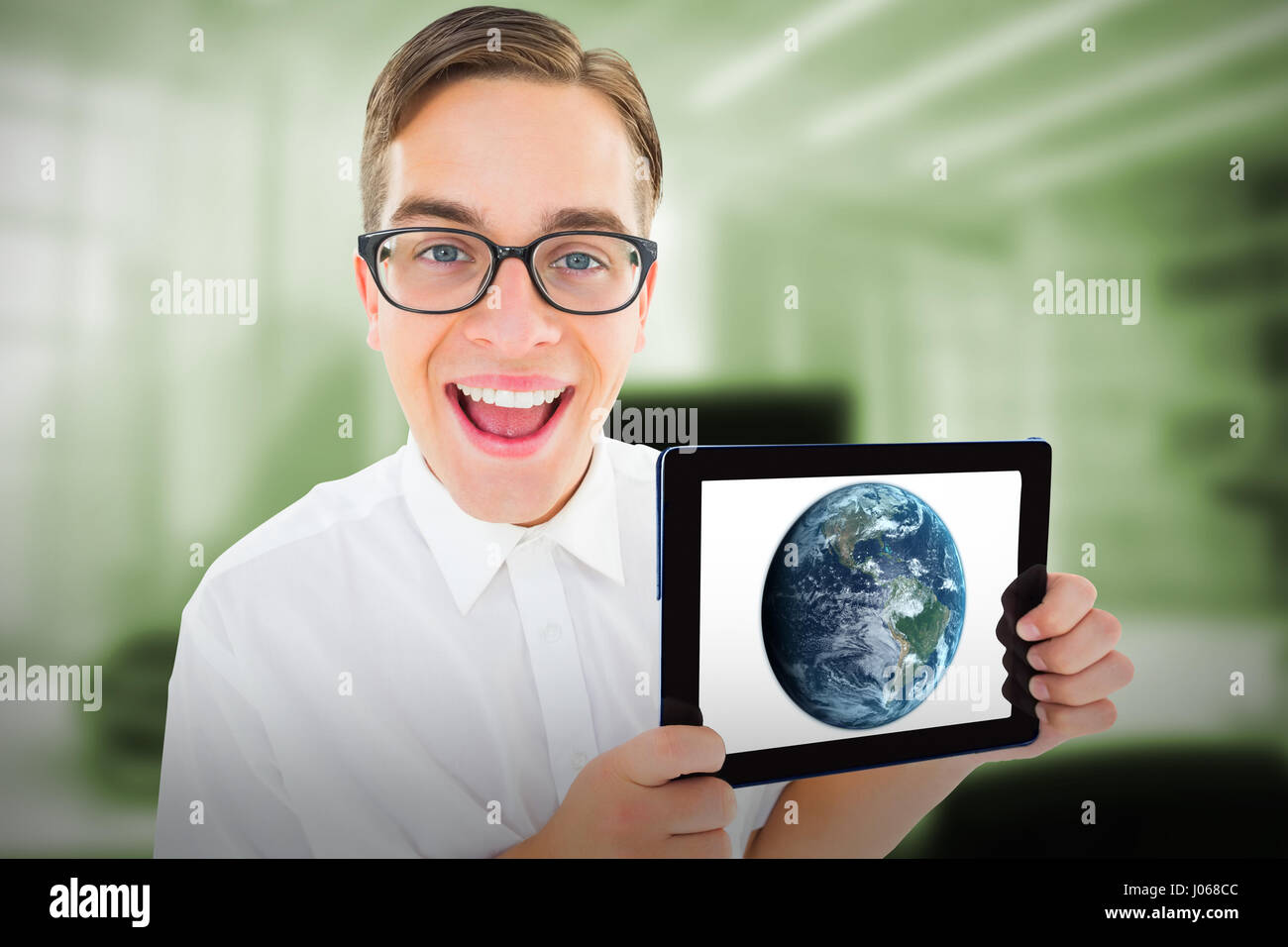Geeky businessman showing his tablet pc against digital image of ...