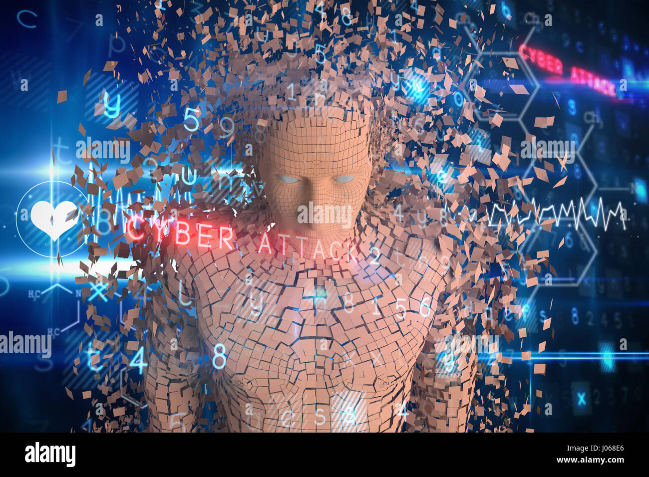 Close-up of brown pixelated 3d man against blue technology design with ...