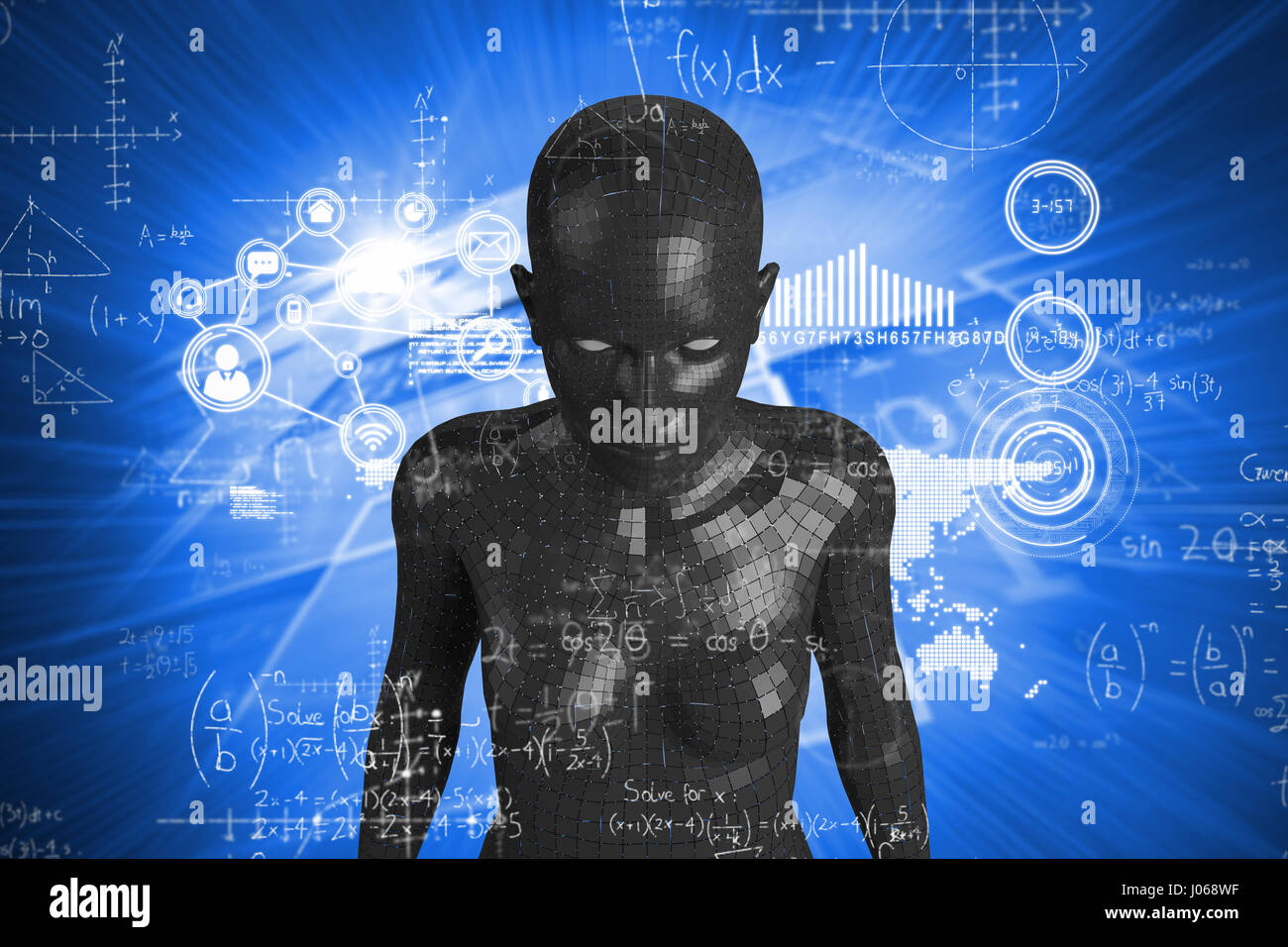 Maths over black background against composite image of technology ...