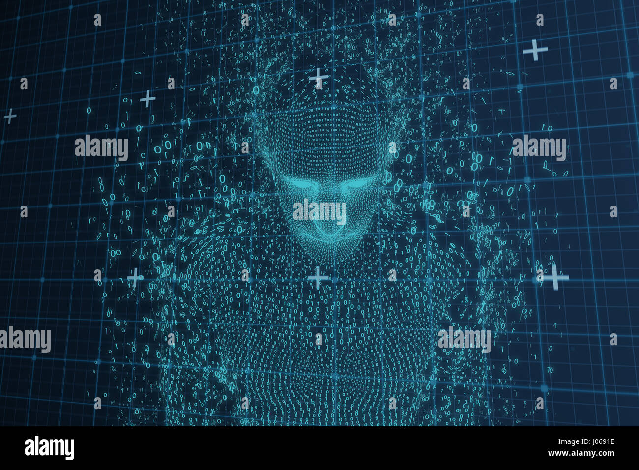 Close-up of pixelated 3D male against blue matrix Stock Photo - Alamy