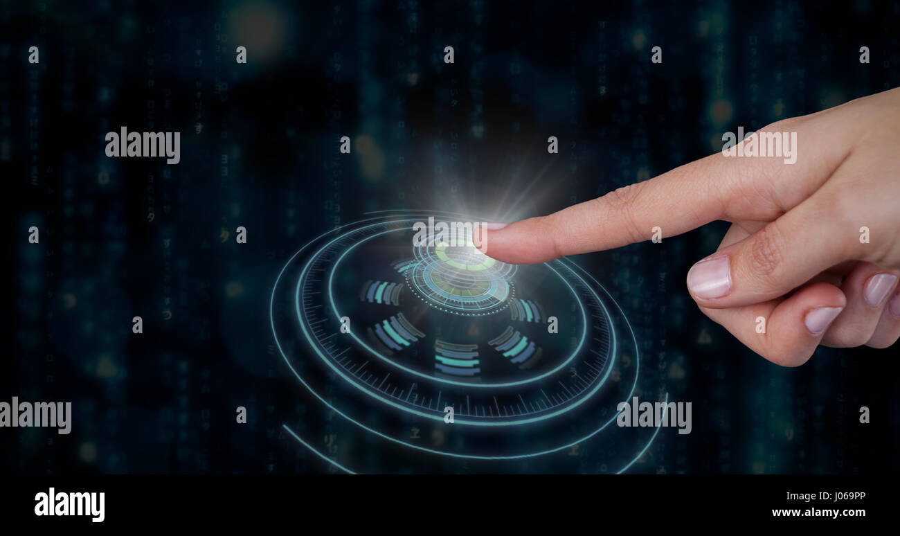 Human hand pointing on white background against digitally generated ...