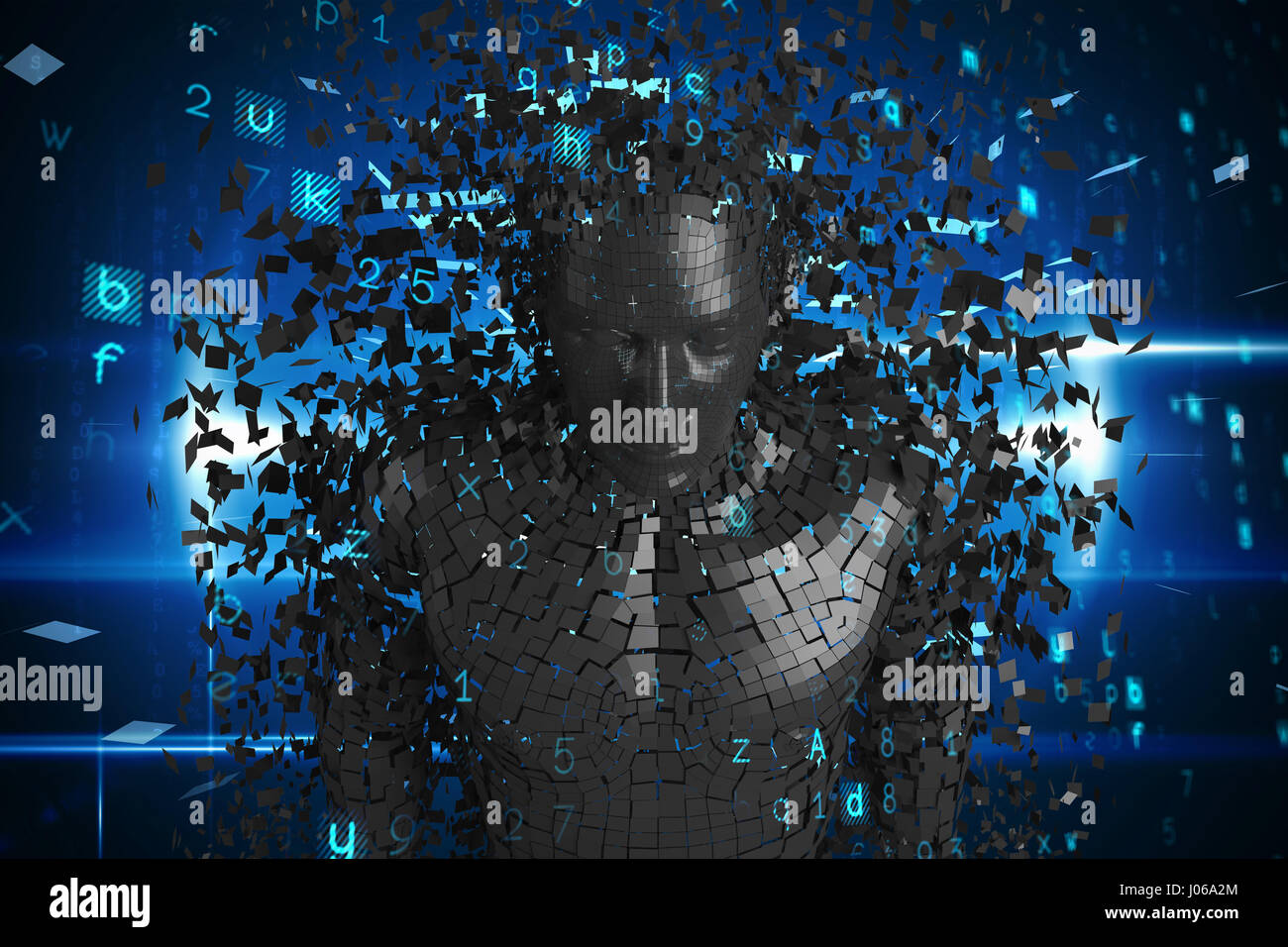 Close-up of black pixelated 3d man against blue technology design with ...