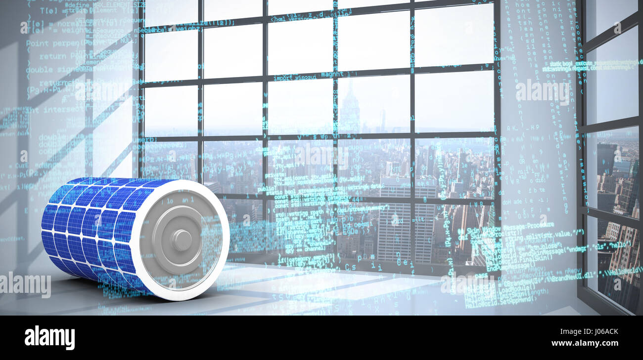 Digitally generated image of 3d solar power battery against room with ...