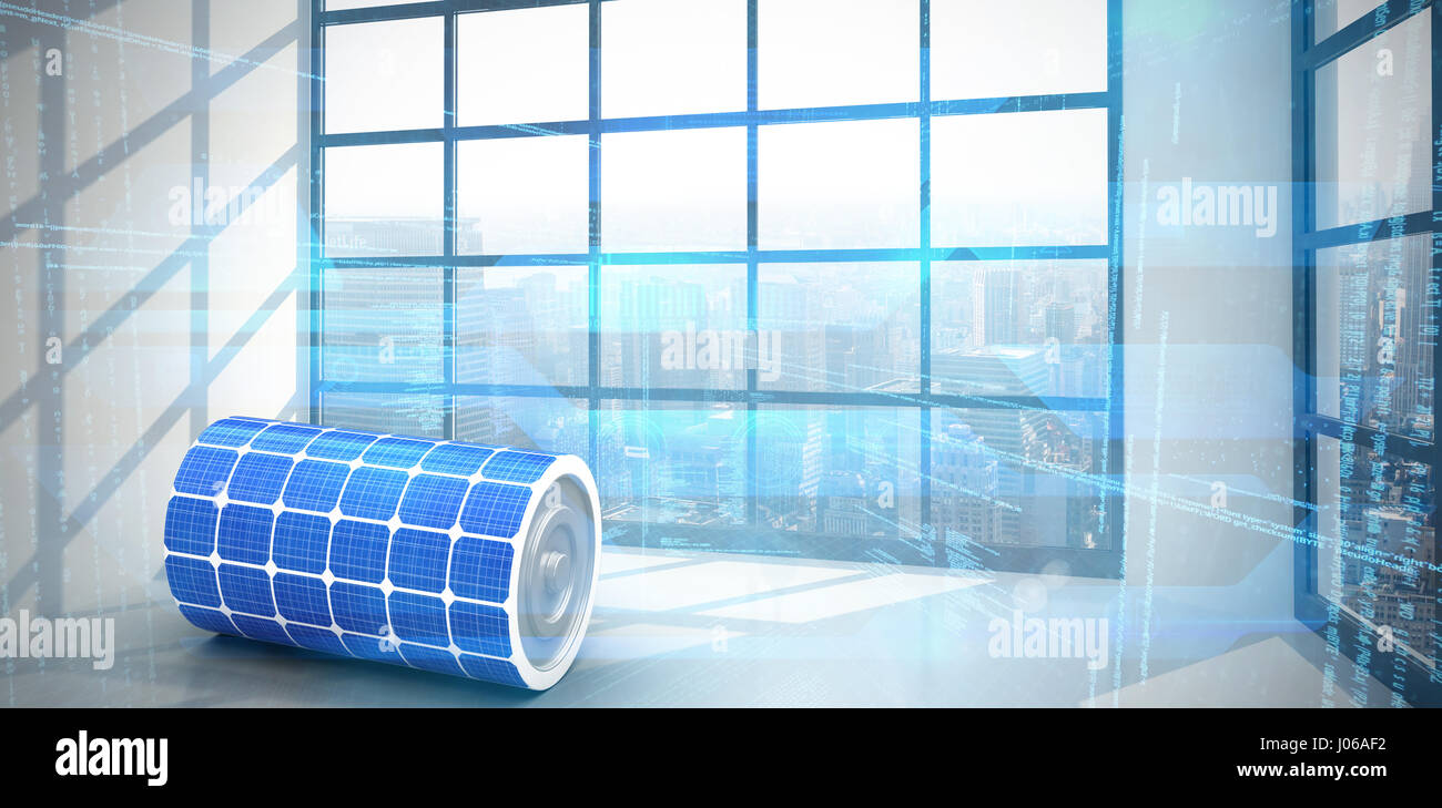 3d image of solar power battery against room with large window showing ...