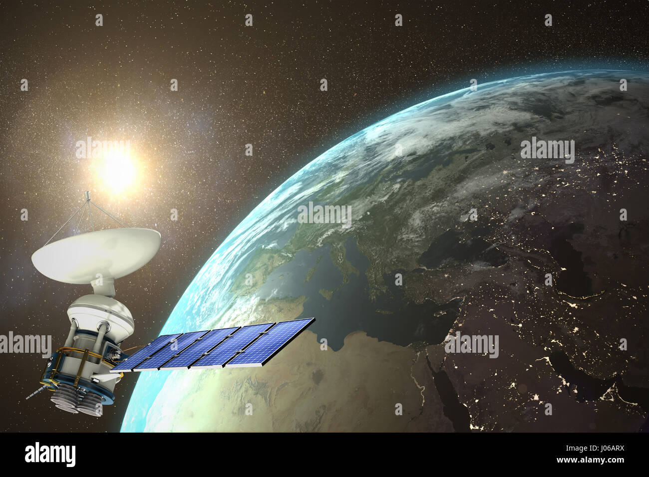 Low angle view ofÃ‚Â 3d solar powered satellite against aerial view of ...