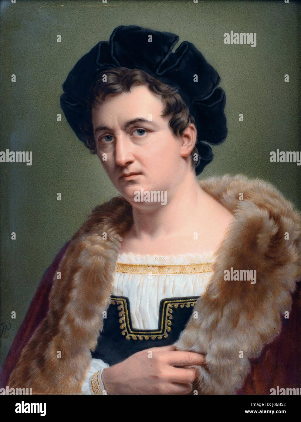 This 1823 gouache on porcelain, created by Aimée Perlet, portrays ...