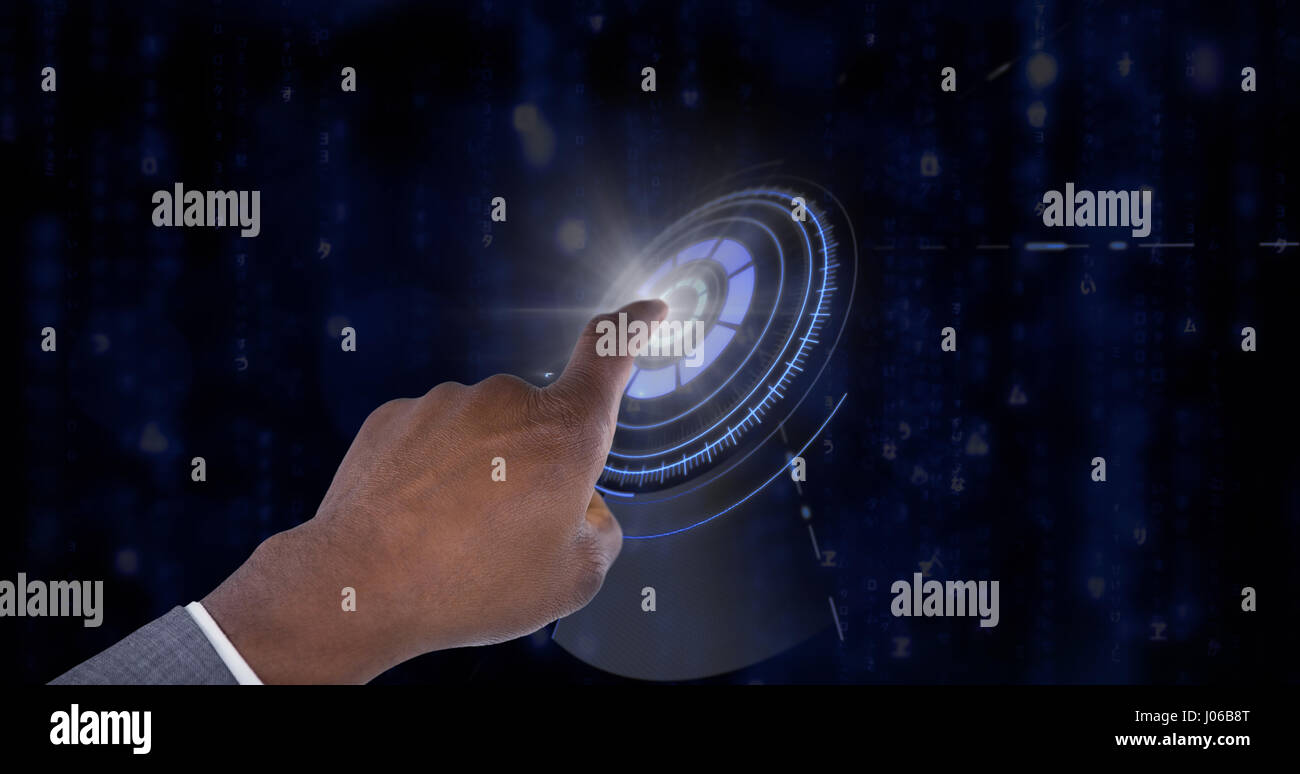 Hand pointing finger against digitally generated black and blue matrix ...