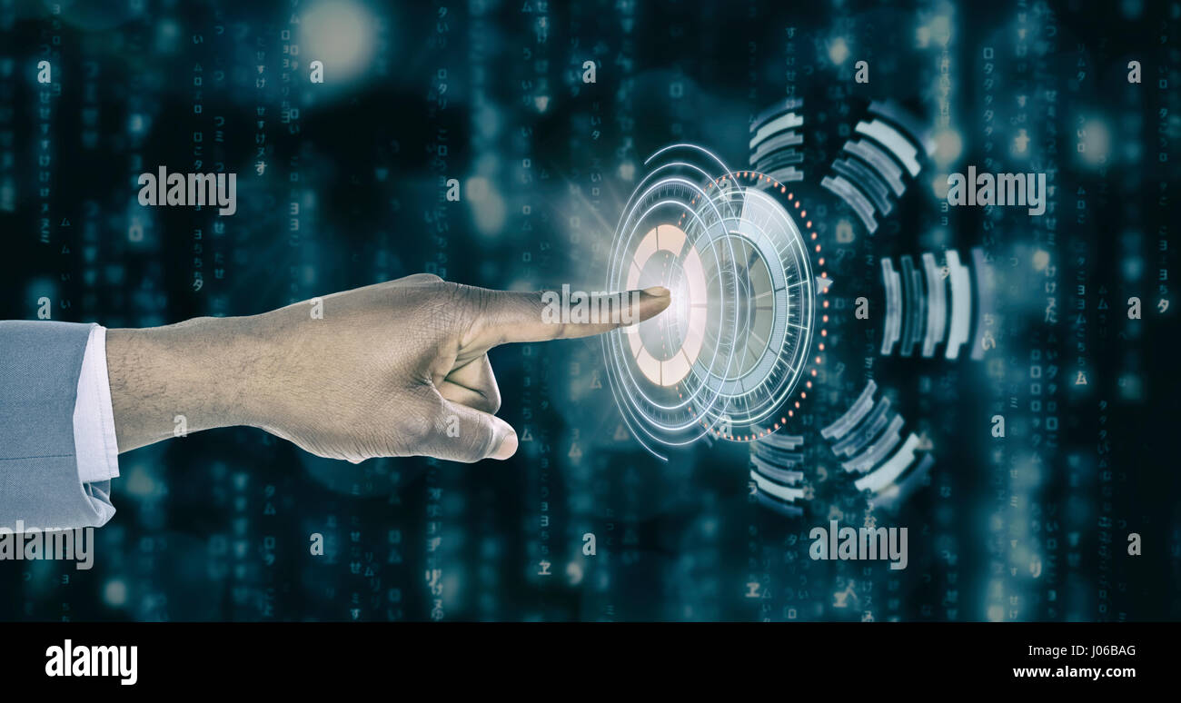 Hand pointing finger against digitally generated image of volume knob ... Hand pointing finger against digitally generated image of volume knob ...