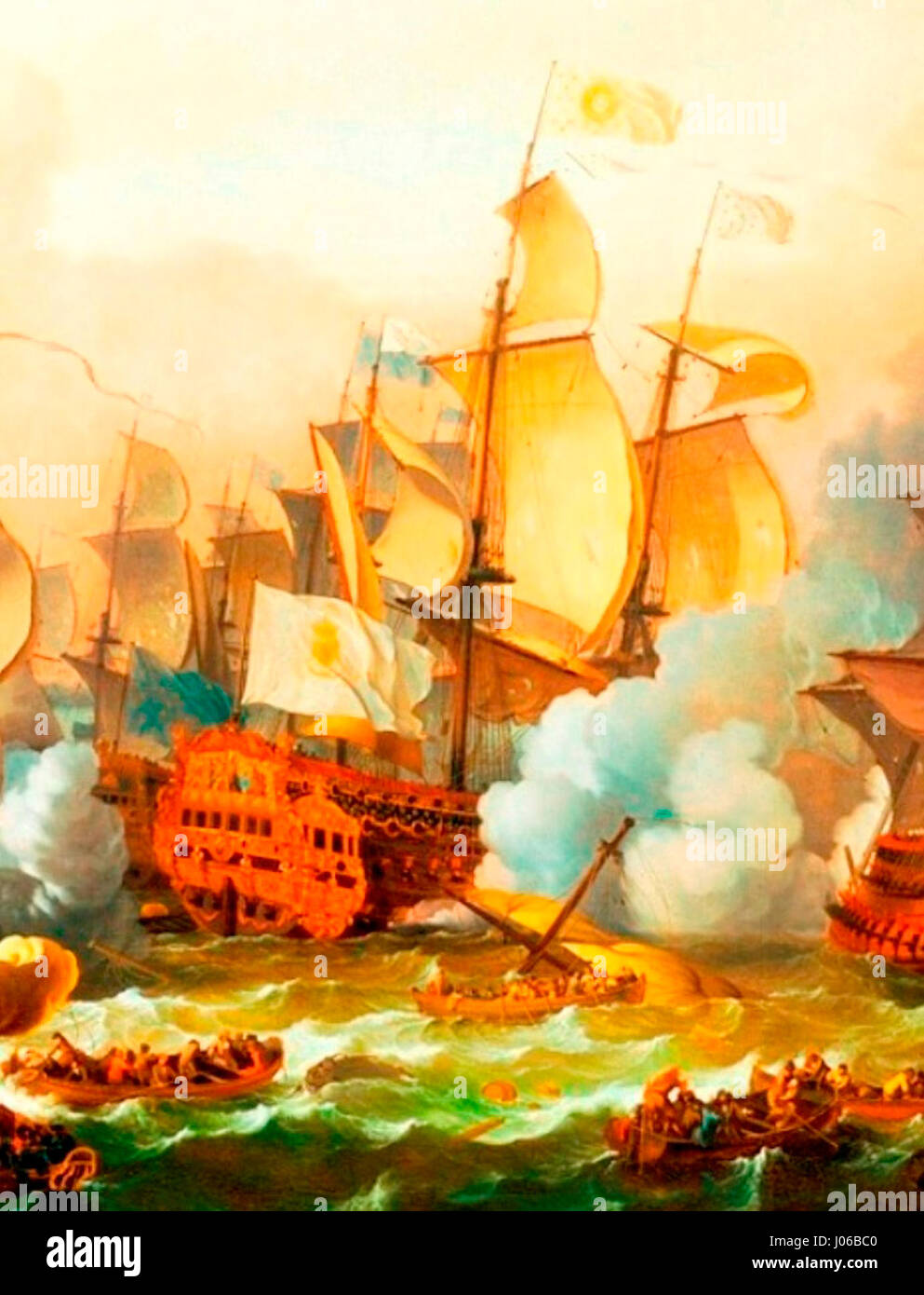 A depiction of the Battle of Barfleur in 1692, involving the French ...