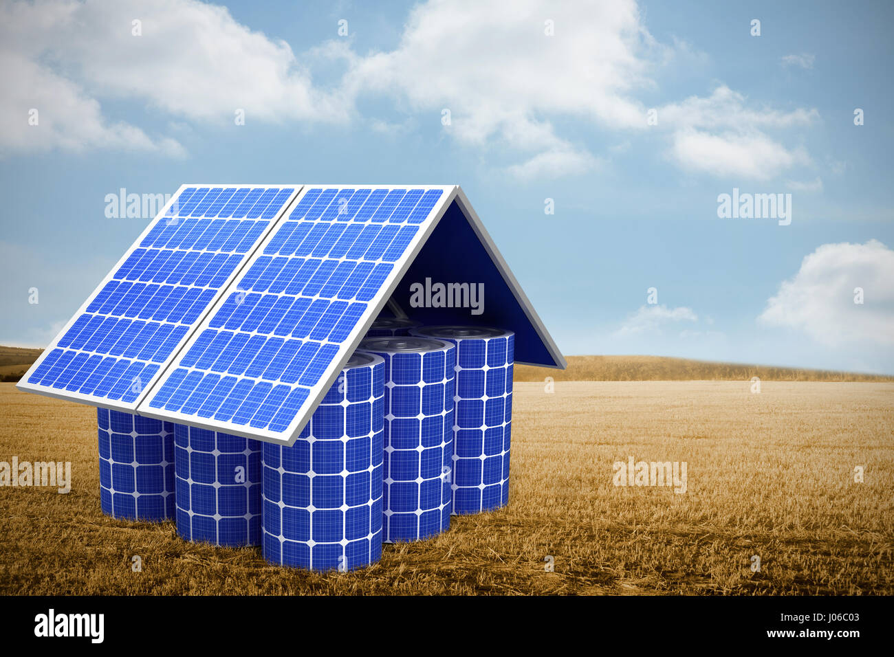 3d image of model home made from solar cells and panels against bright ...