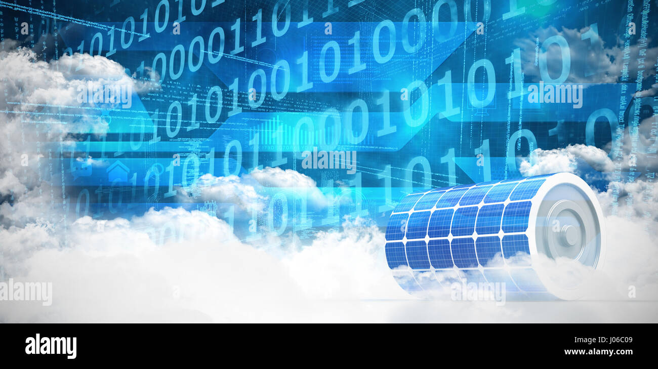 3d image of blue solar battery against clouds around binary codes Stock ...