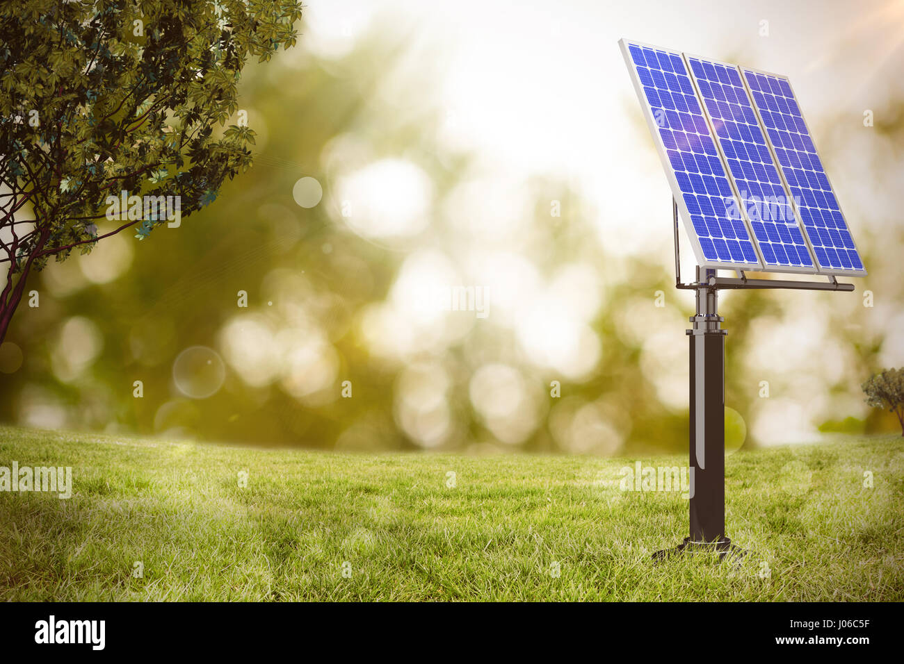 Image of 3D solar panel against lights over green field Stock Photo - Alamy