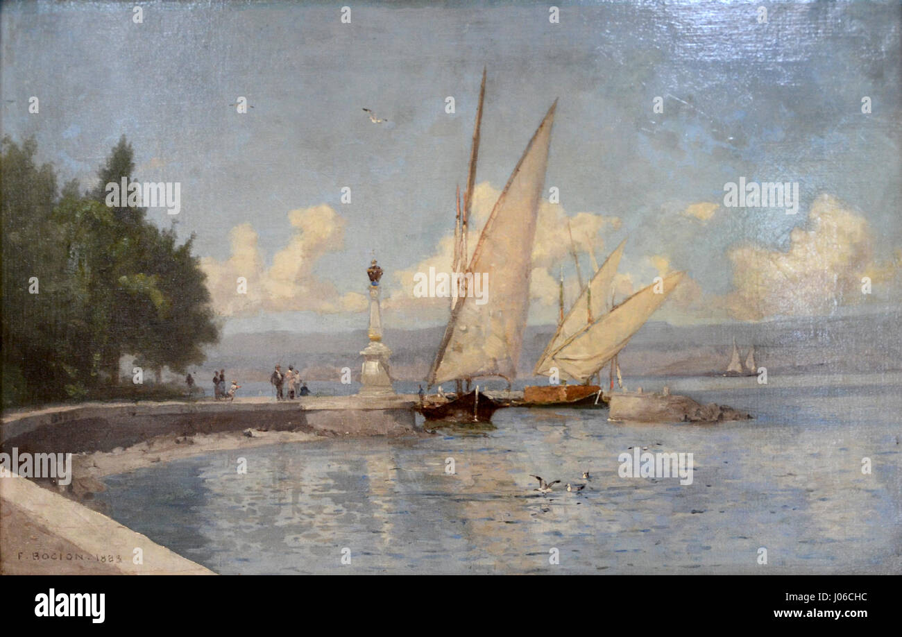 This artwork shows a scenic view near Evian by Lake Geneva, capturing ...